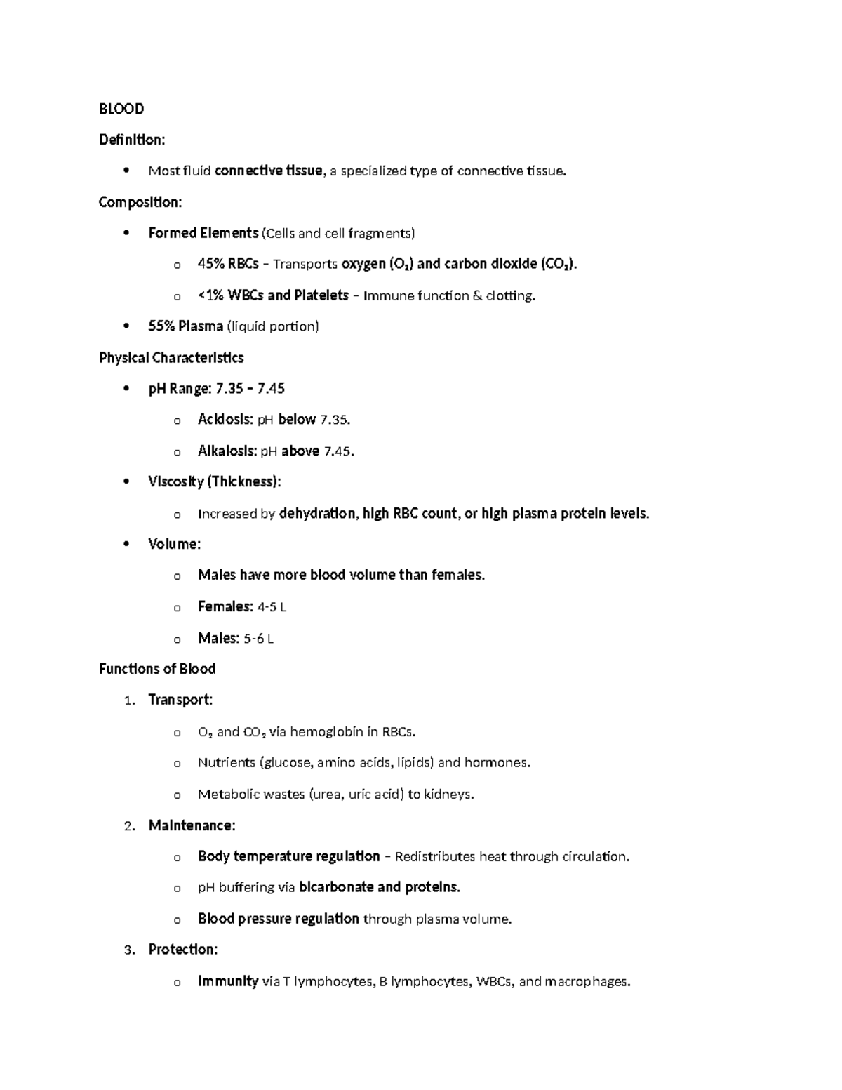 Cardiovascular Notes: Overview of Blood, Heart, and Circulation - Studocu