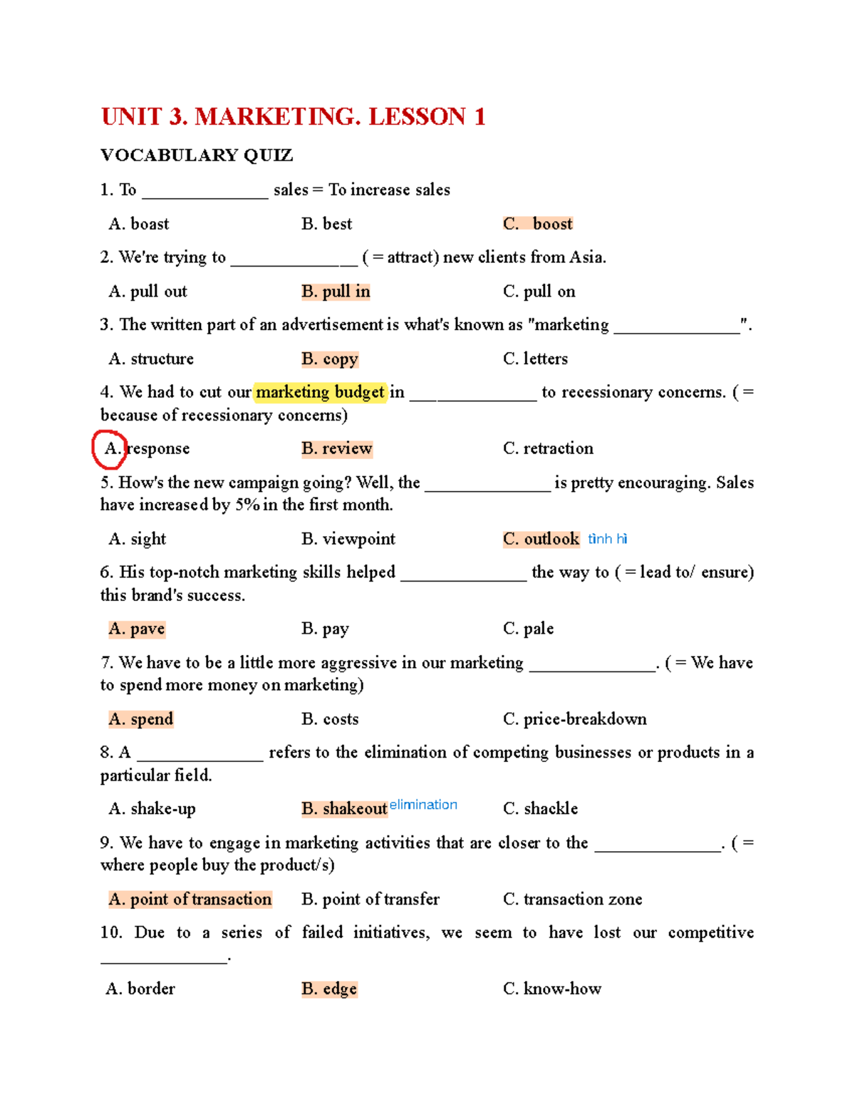 UNIT 3 MARKETING LESSON 1 VOCABULARY QUIZ 1 STUDY GUIDE - Studocu
