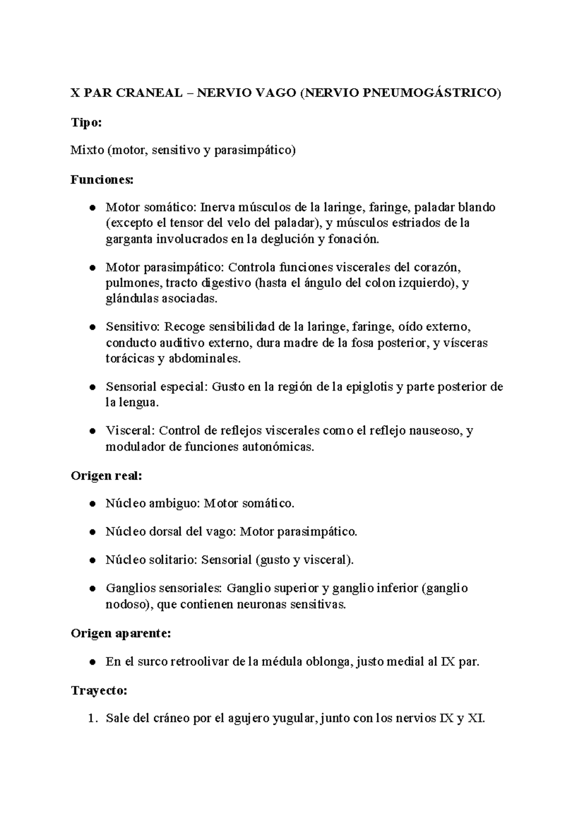 Resumen del Nervio Vago (X PAR CRANEAL): Funciones y Trayecto - Studocu