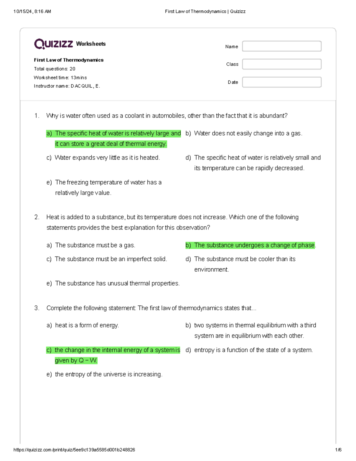 Thermodynamics I Quiz Review with Answers (Course Code: TH-101) - Studocu