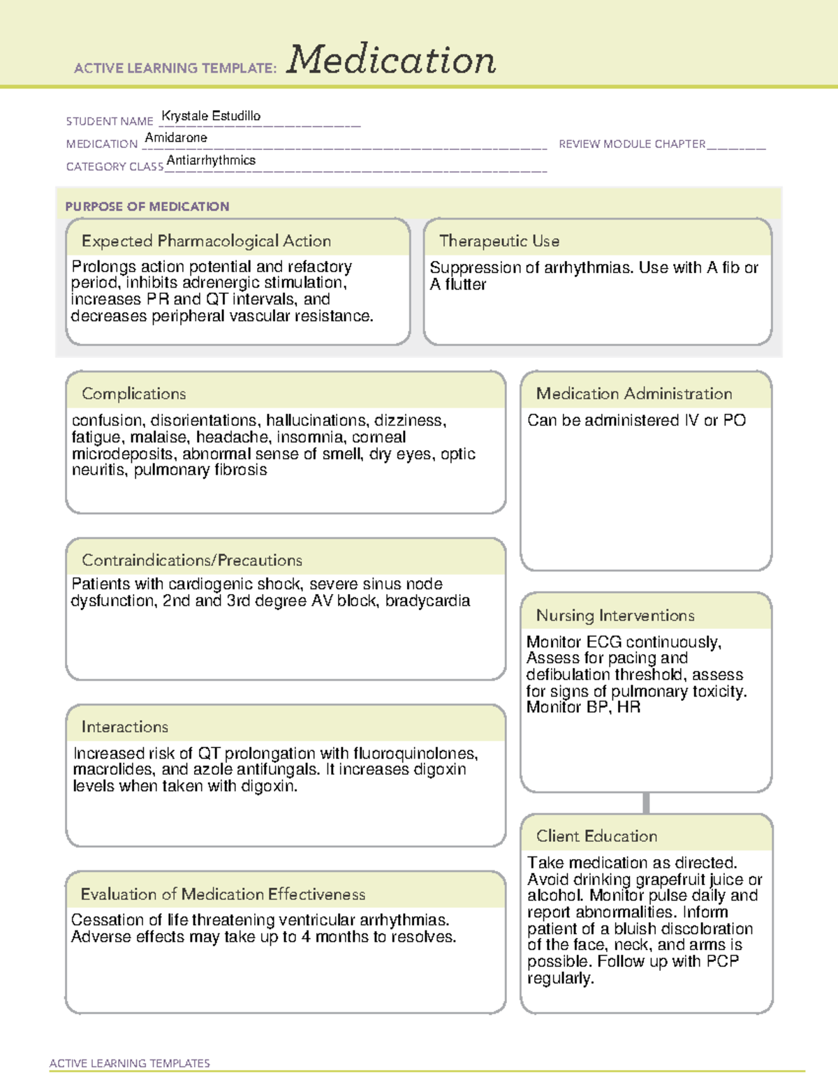 ATI Pharmacology Medication Template: Amiodarone Review - Studocu