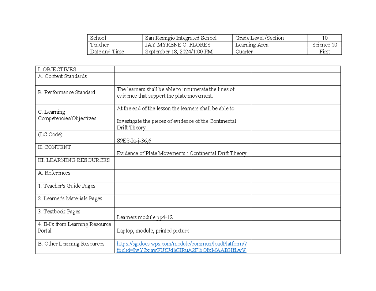 Lp Sci 10 Q1 M5 - Lesson Plan on Continental Drift Theory - Studocu