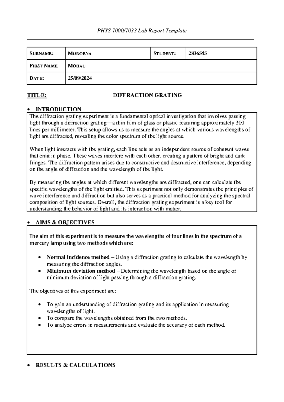 PHYS 1000/1033 Lab 8: Diffraction Grating Experiment Report - Studocu