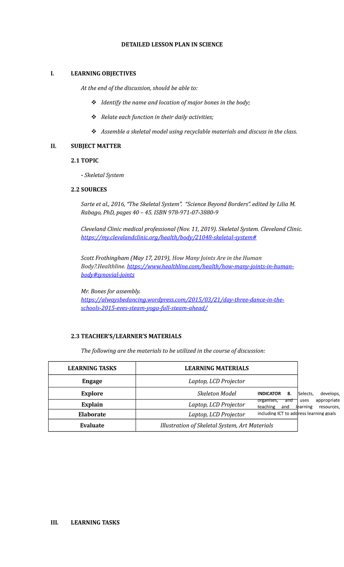 Detailed Lesson Plan: Exploring the Skeletal System in Science - Studocu