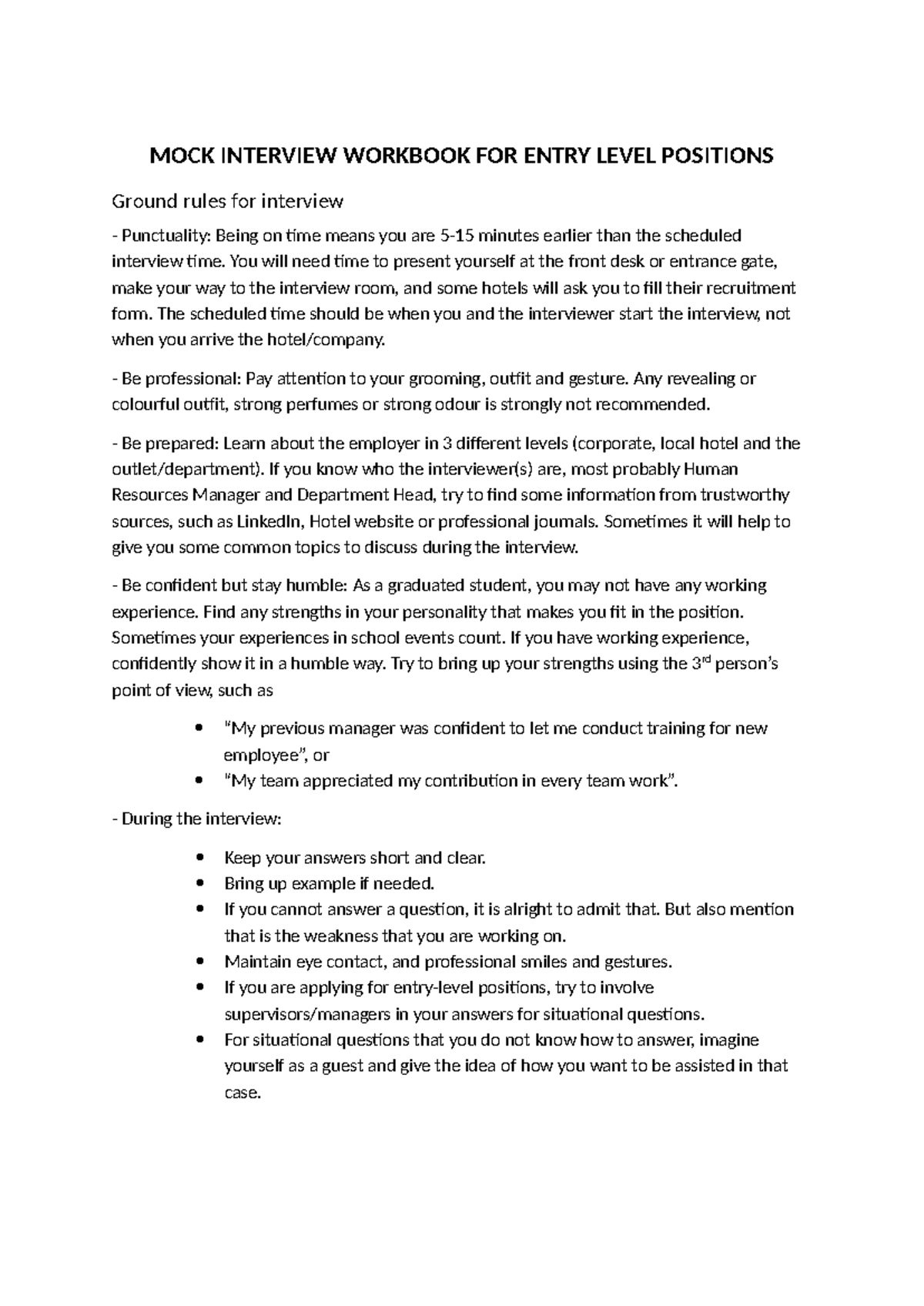 MOCK INTERVIEW WORKBOOK FOR ENTRY LEVEL POSITIONS - Studocu
