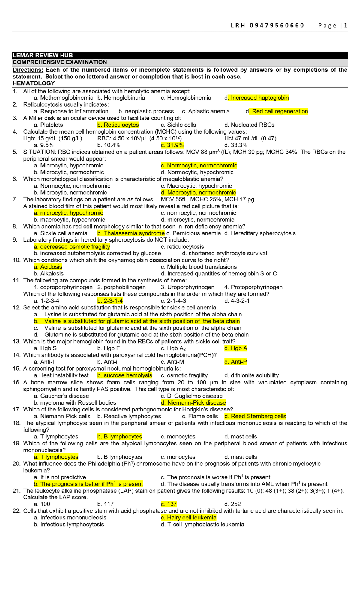 LRH 09479560660 Comprehensive Hematology & Immunology Exam Review - Studocu