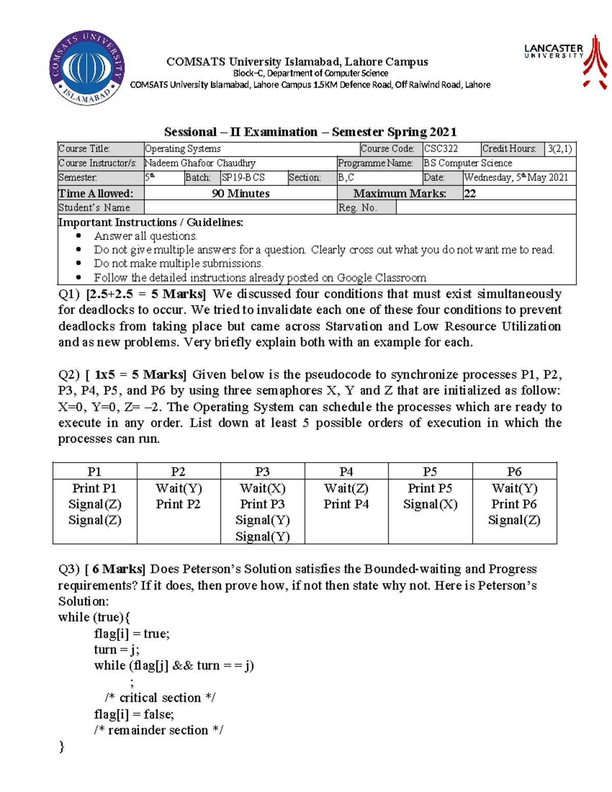 Sessional II Paper - CSC322 Operating Systems Spring 2021 Exam - Studocu