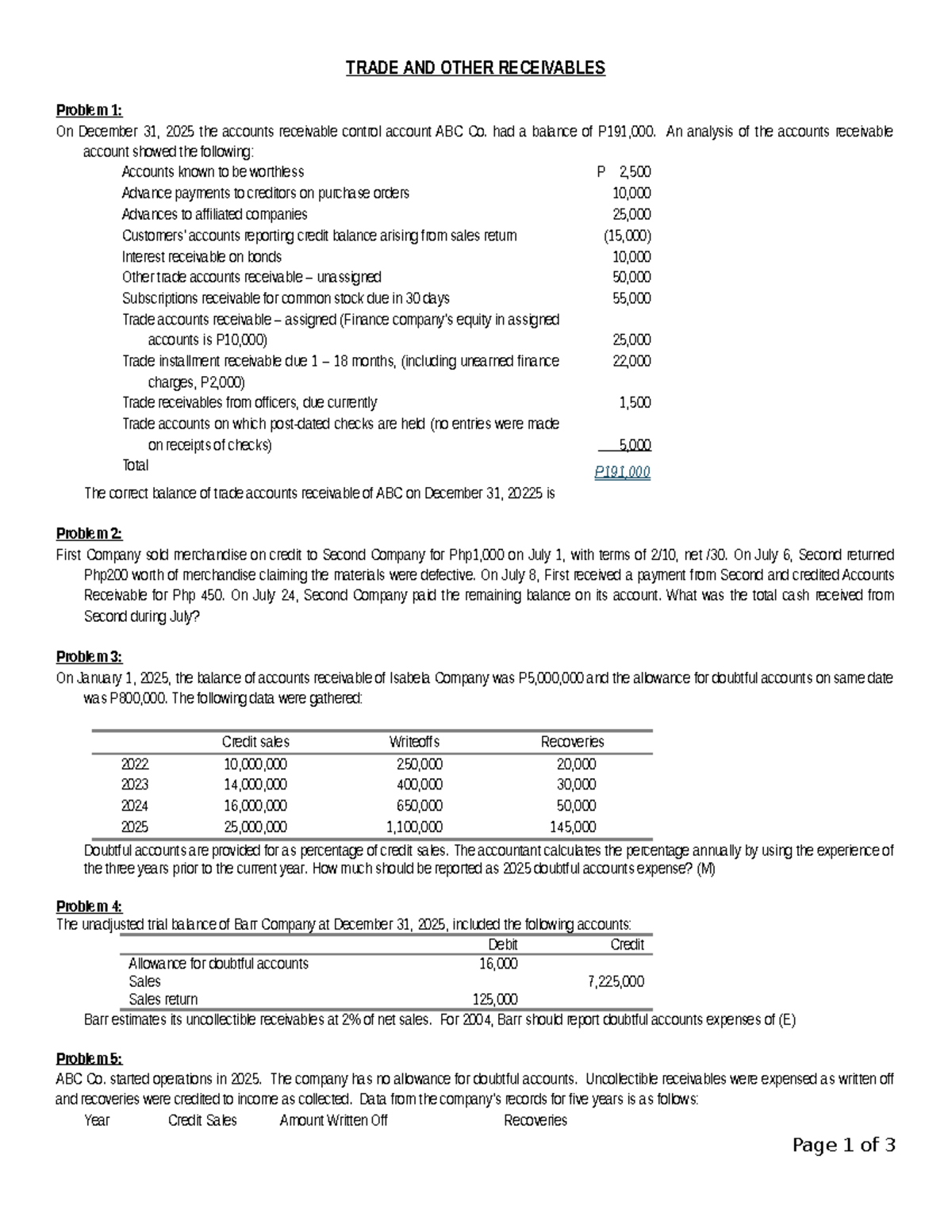 AR-Activities-Handout: Trade Receivables Analysis & Problems - Studocu