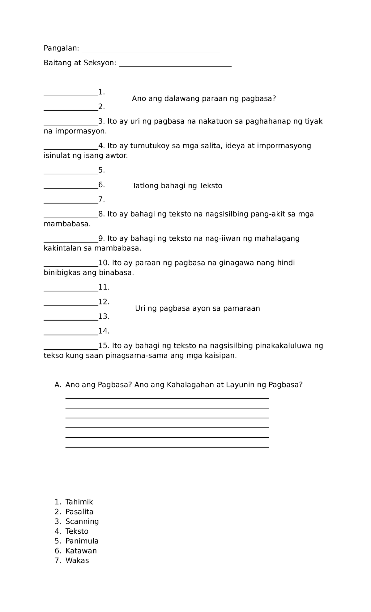 G11 3rd Qtr 1st Quiz - Mga Paraan ng Pagbasa at Kahalagahan - Studocu