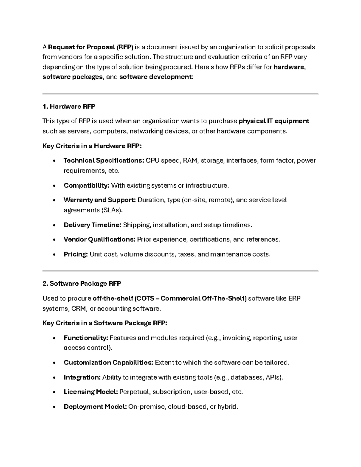 RFP Guide: Hardware, Software Package & Development Criteria - Studocu