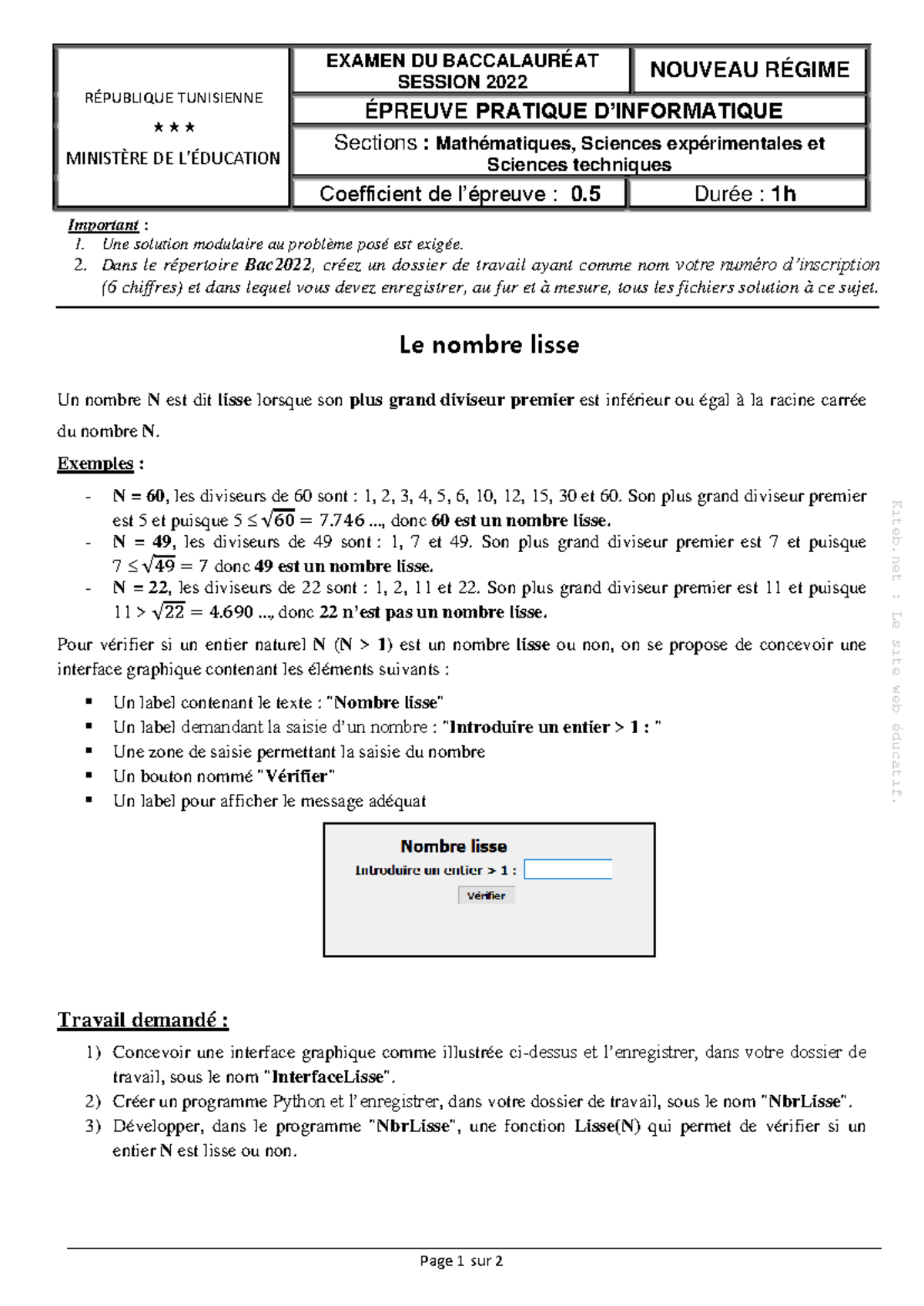 Épreuve Pratique d'Informatique - Bac 2022: Nombre Lisse Concepts - Studocu