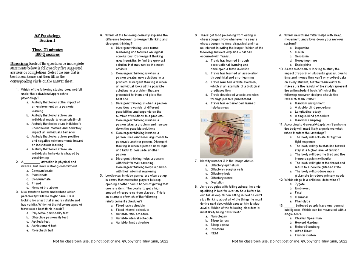AP Psychology Practice Exam #1: 100 Questions & Directions - Studocu