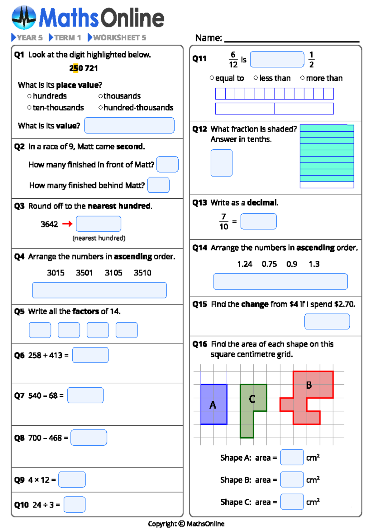 Year 5 term 1 week 5 - practise exam year 5 - N Maths Online YEAR 5 ...