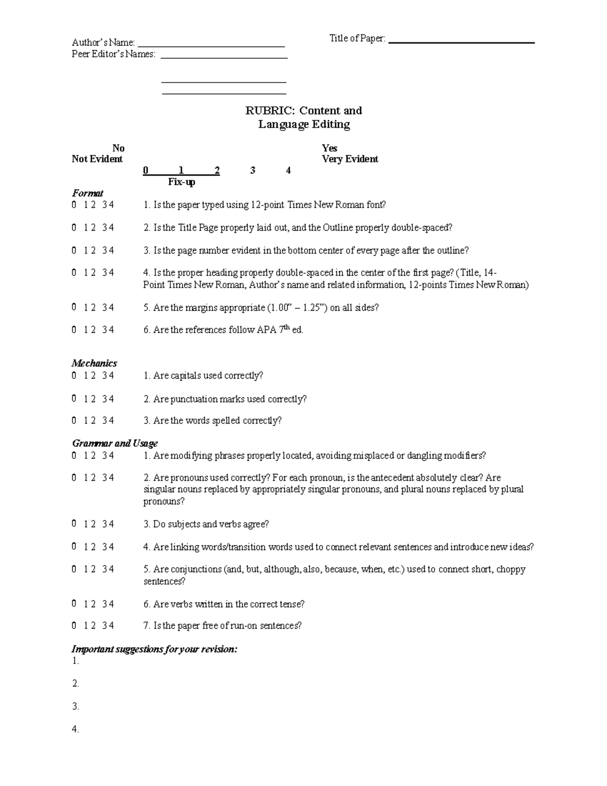 Rubrics content and language editting - Author’s Name: Peer Editor’s ...