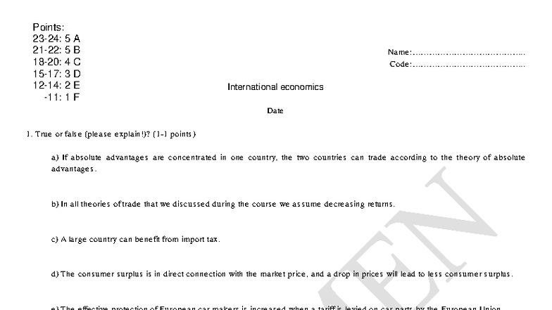 International Economics Quiz: Absolute Advantage & Trade Theories - Studocu