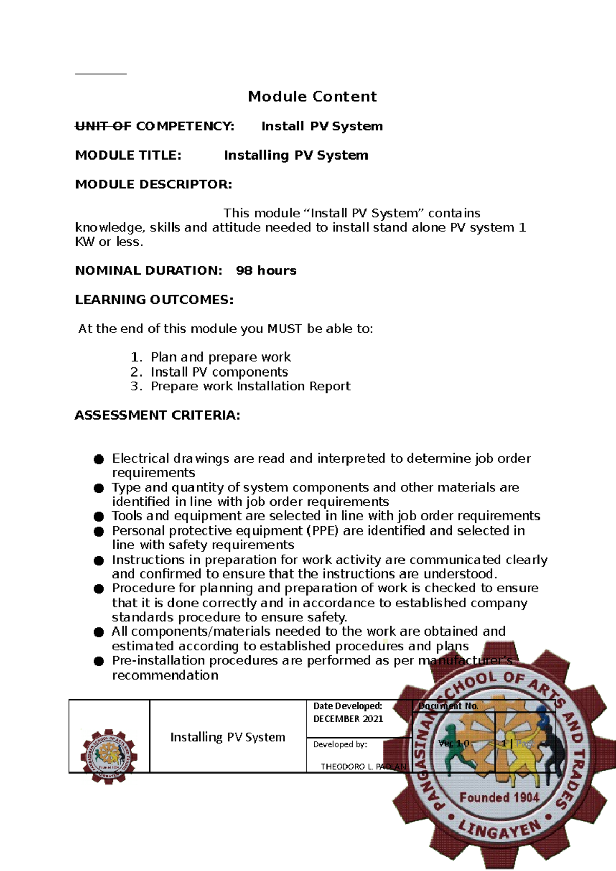 CBLM Install PV Systems PSAT - Module Content UNIT OF COMPETENCY: Install PV System MODULE TITLE ...