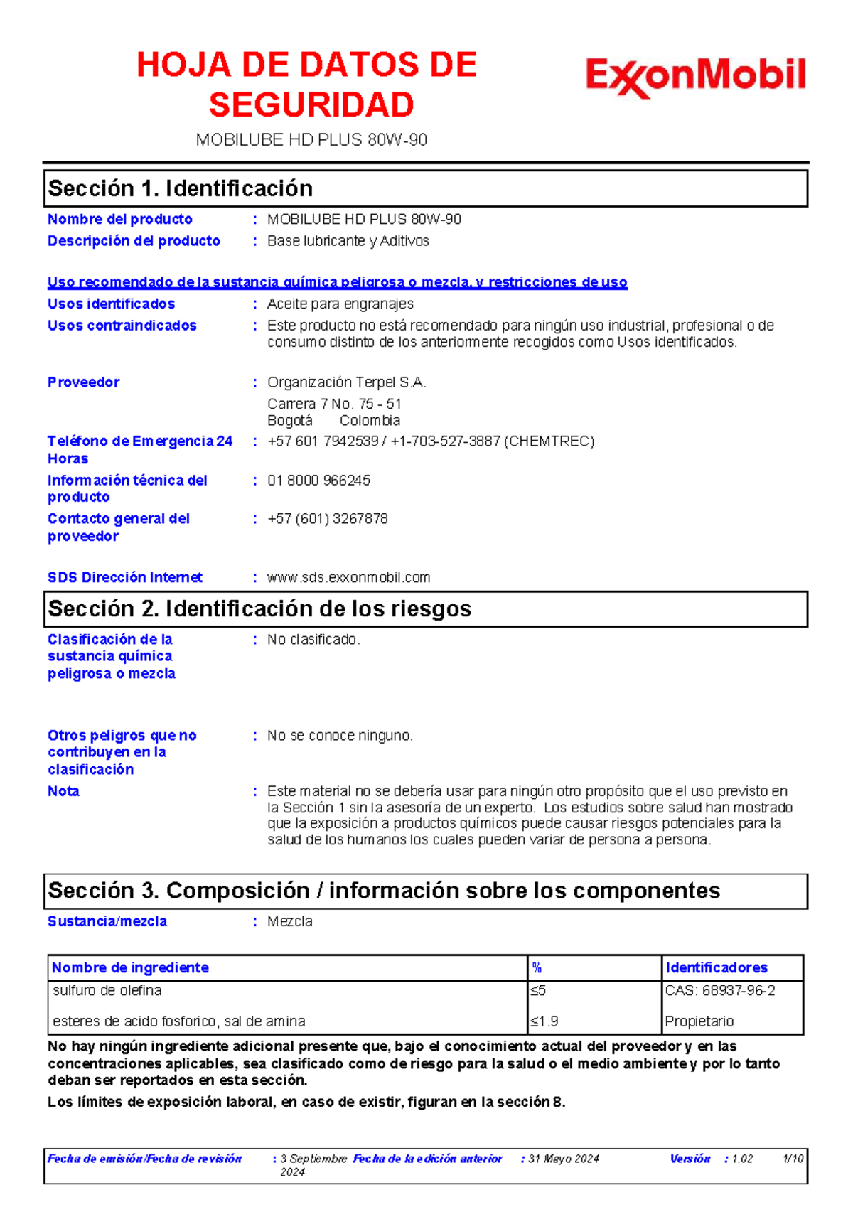 Hoja de Datos de Seguridad: MOBILUBE HD PLUS - Aceite 80W90 - Studocu