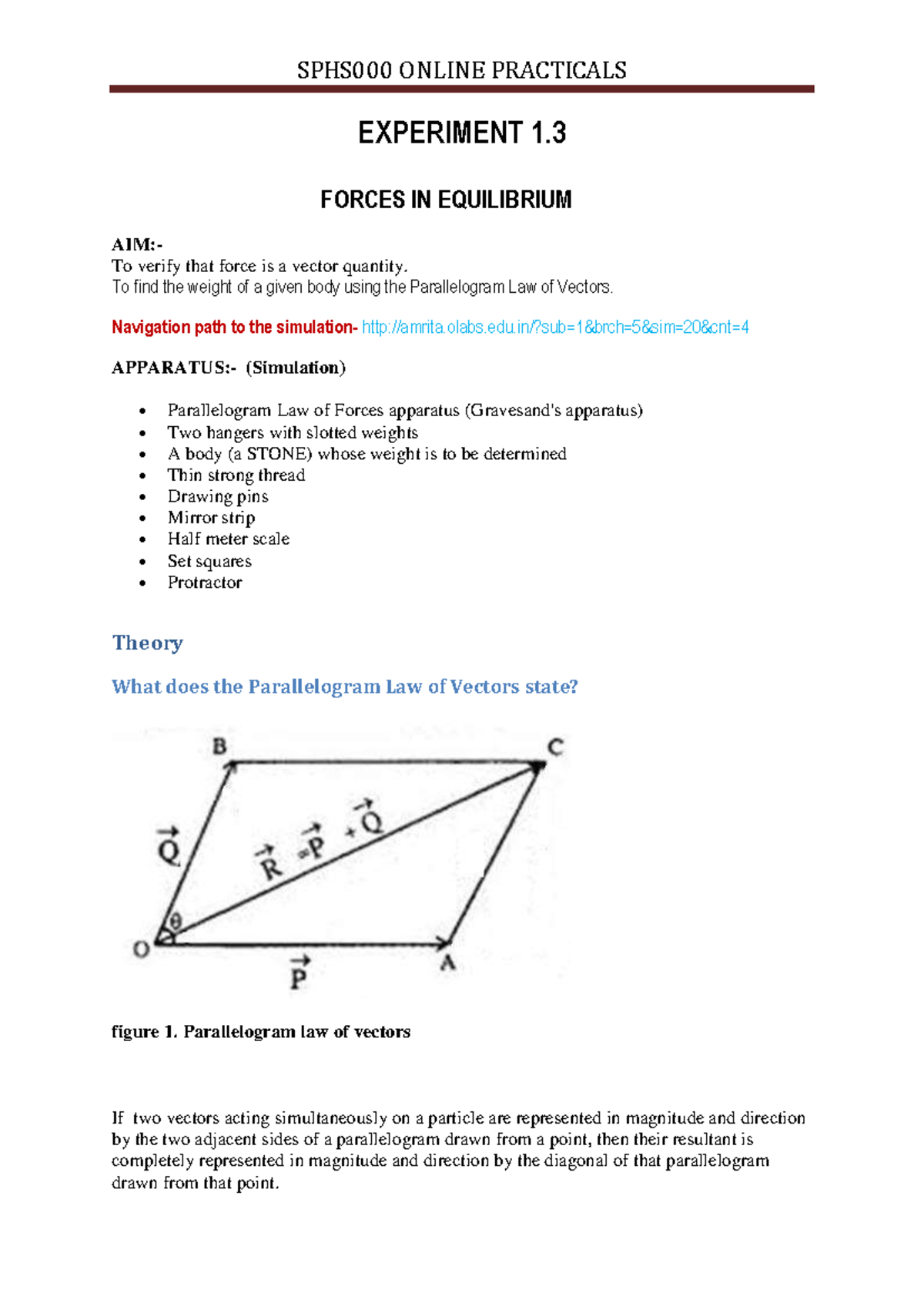 Forces in Equilibrium Experiment 1: Parallelogram Law of Vectors - Studocu