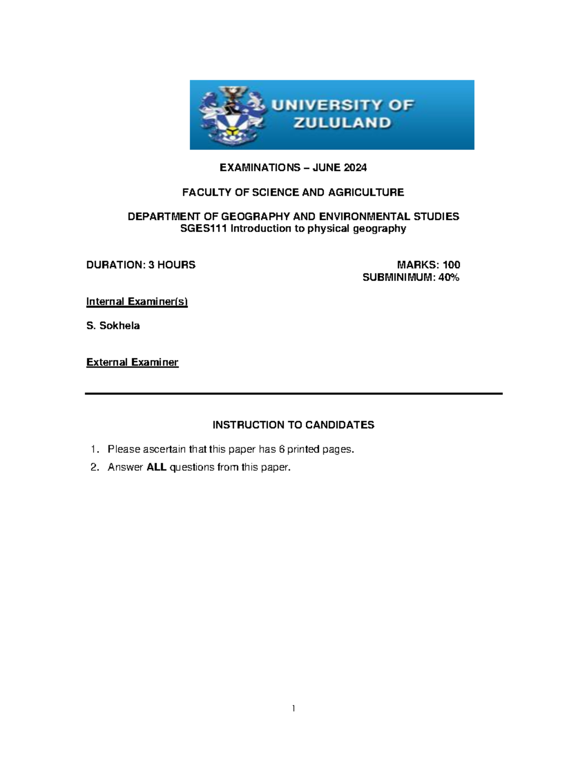 GEOG 101: June 2024 Physical Geography Exam Sample - 3 Hours, 100 Marks ...