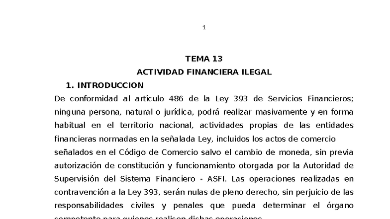 Tema 13: Actividad Financiera Ilegal - Ley 393 y Supervisión ASFI - Studocu
