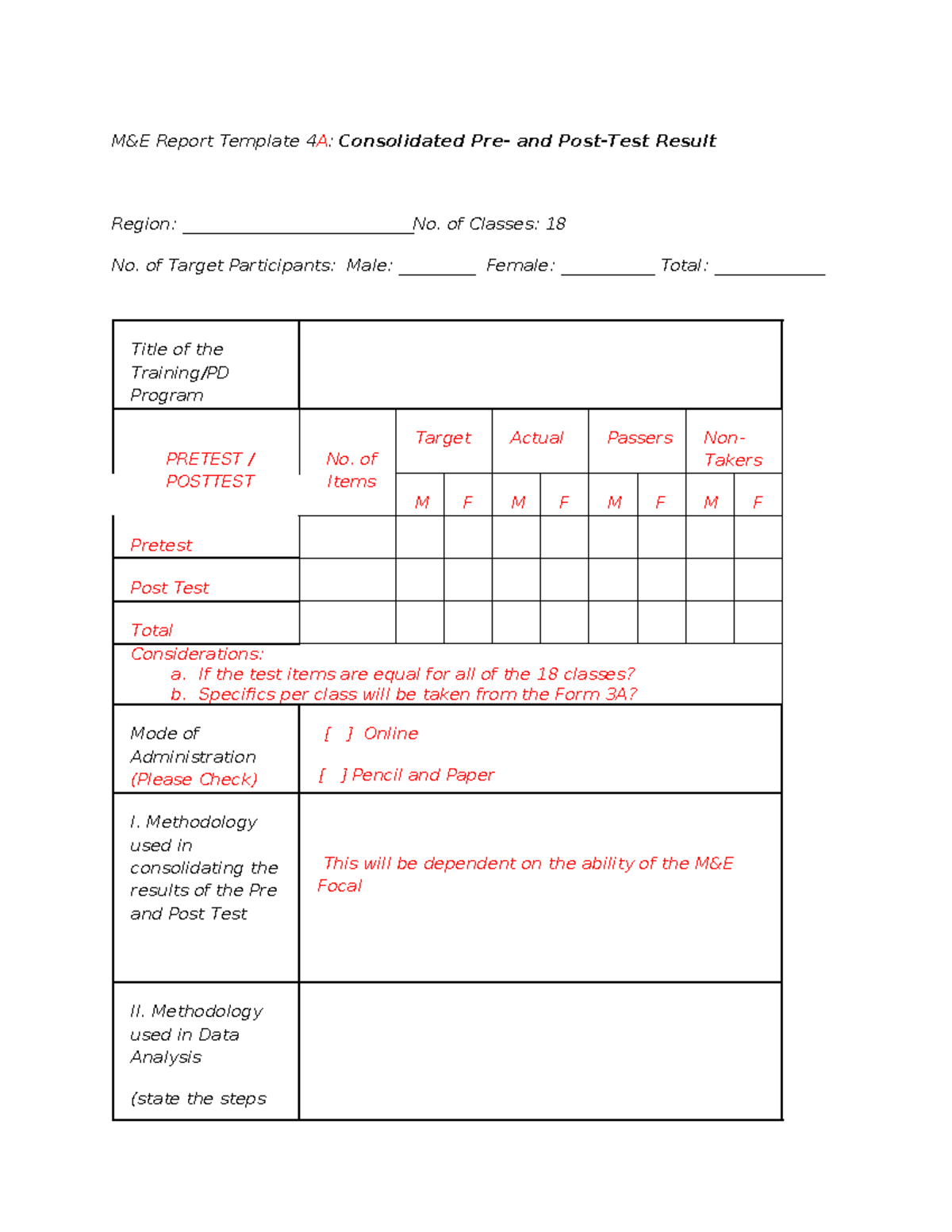 M&E Report Template 4A: Consolidated Pre/Post-Test & Evaluation Results ...