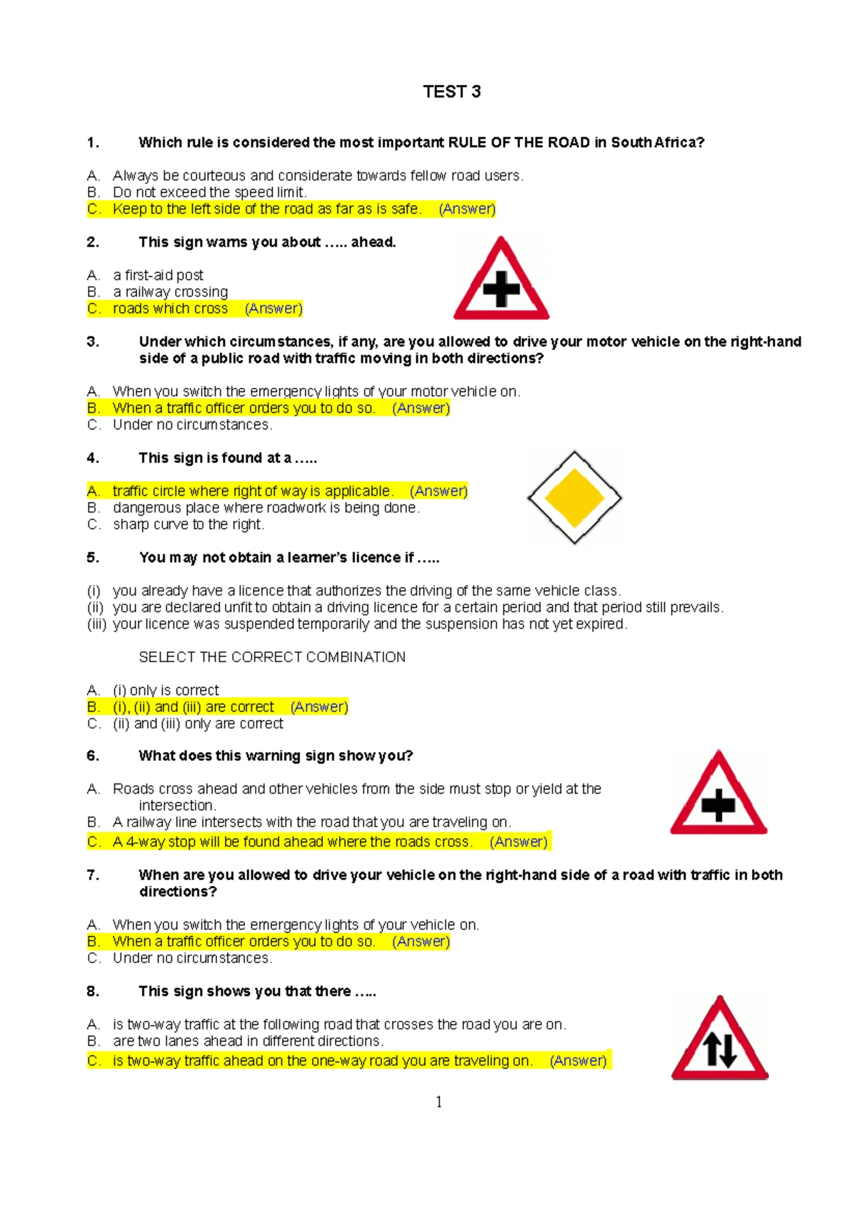 Learners test and answers south africa - LEARNERS LICENCE TEST A PLEASE ...