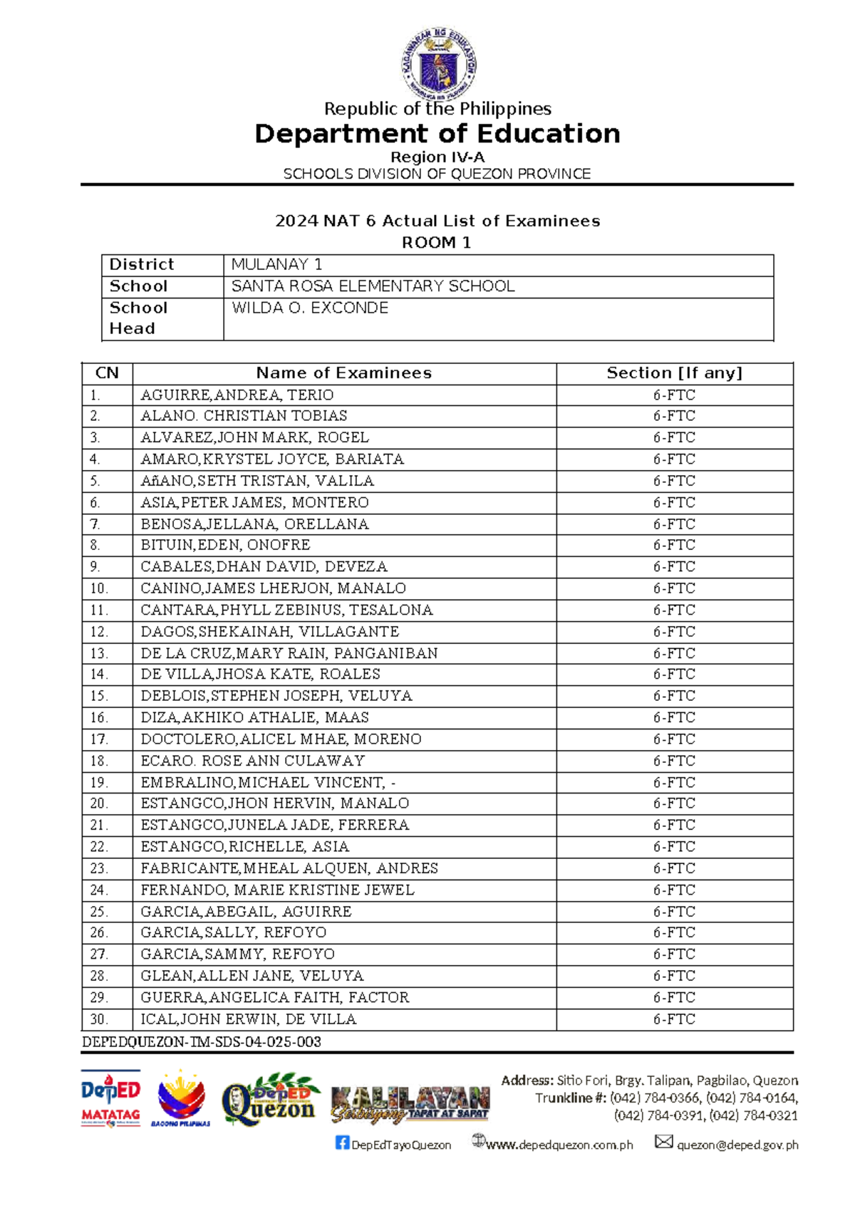 NAT 6 actual list of examinees for 2024 at Santa Rosa Elementary School ...