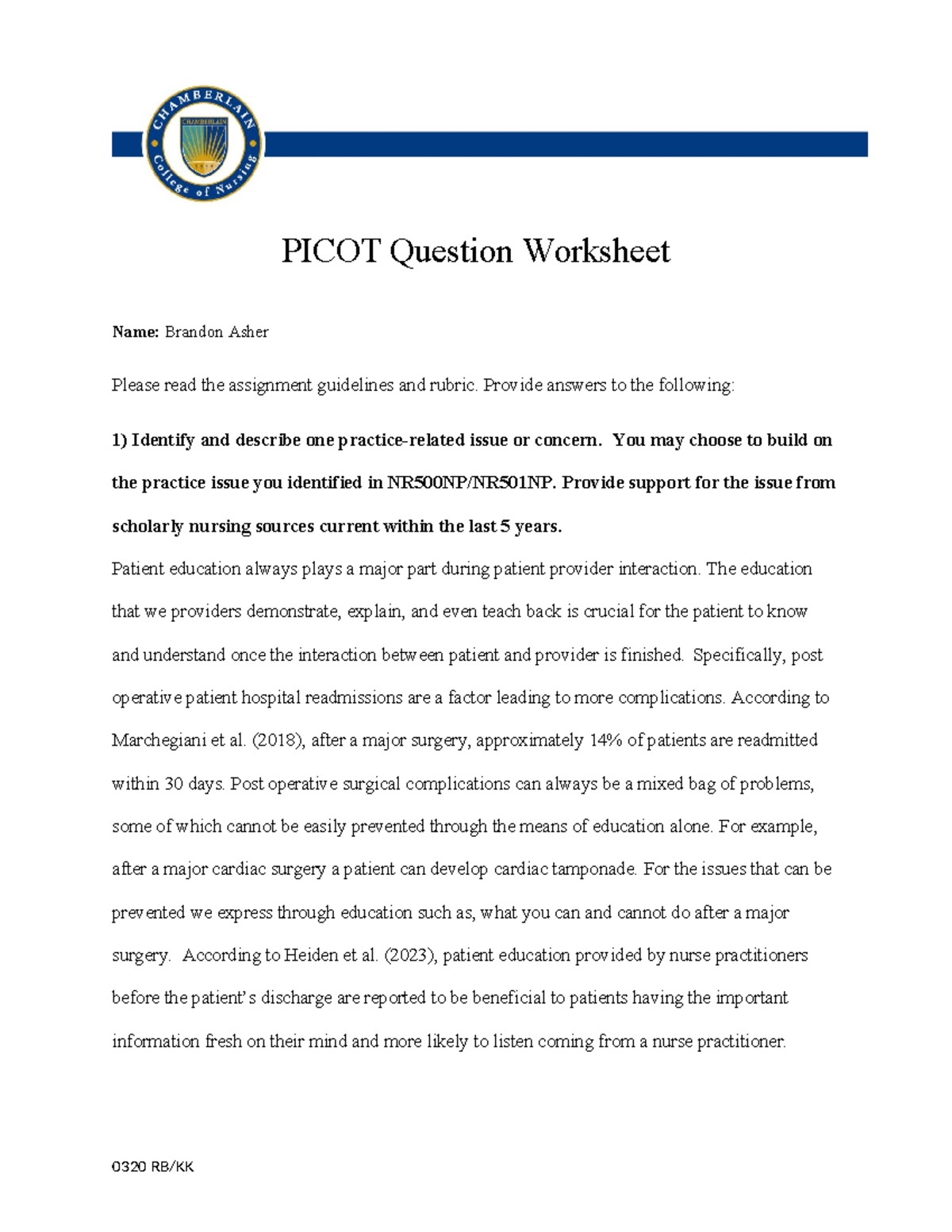 NR 505 PICOT Worksheet on Post-Operative Education Impact - Studocu
