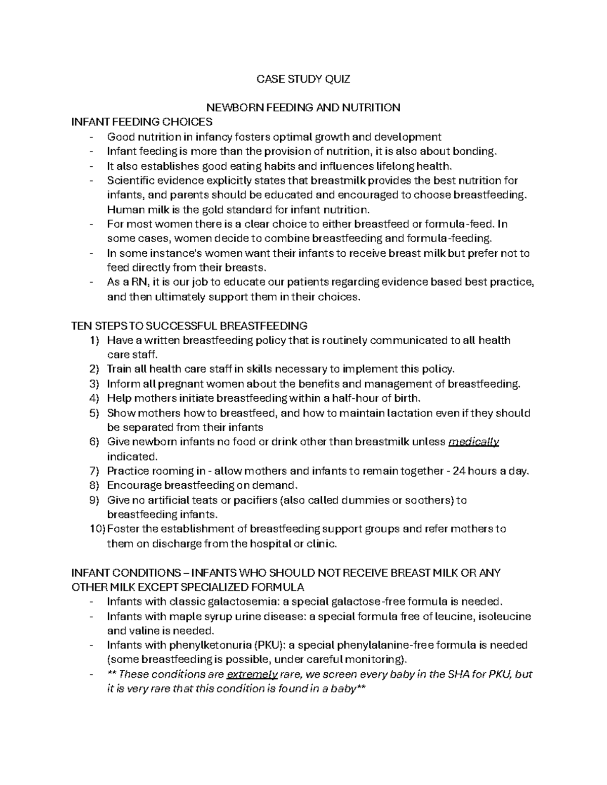 CASE STUDY QUIZ: Newborn Feeding & Nutrition Choices - Studocu