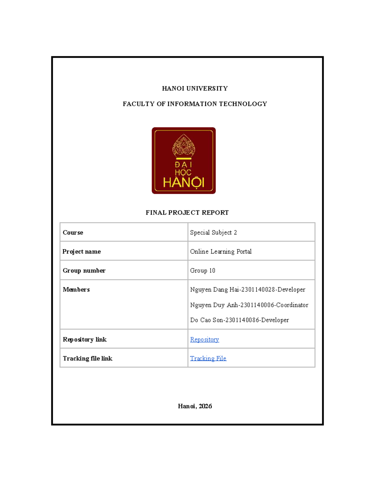 HANOI UNIVERSITY IT FINAL PROJECT REPORT: Group 10 Online Learning ...