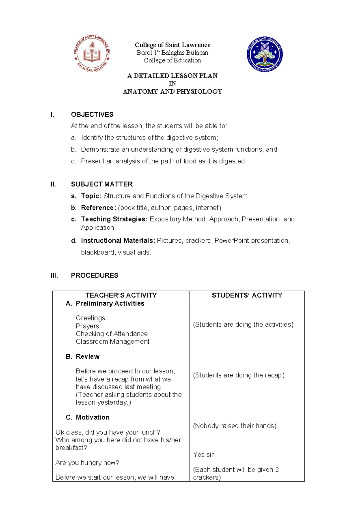 A Detailed Lesson Plan in Digestive System - College of Saint Lawrence ...