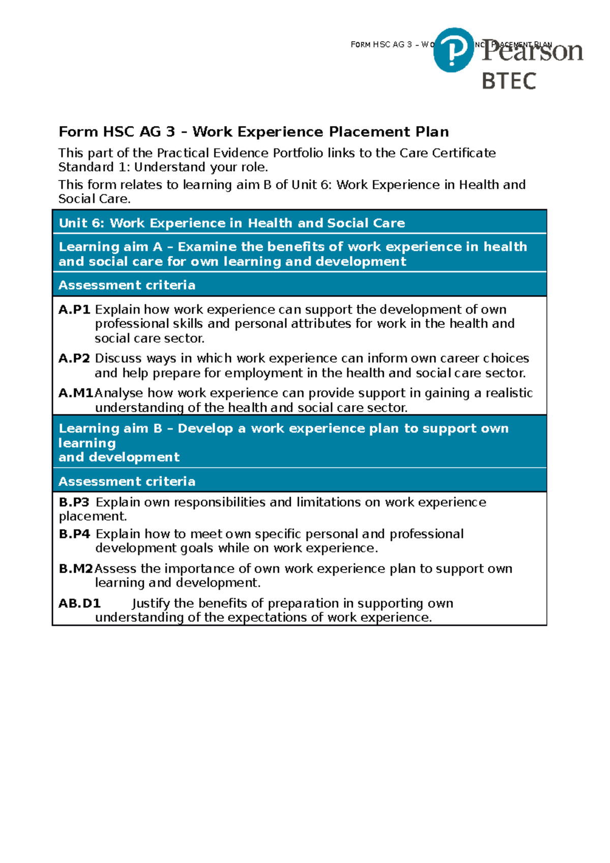 HSC 6 - Work Experience Placement Plan & Responsibilities in Care - Studocu