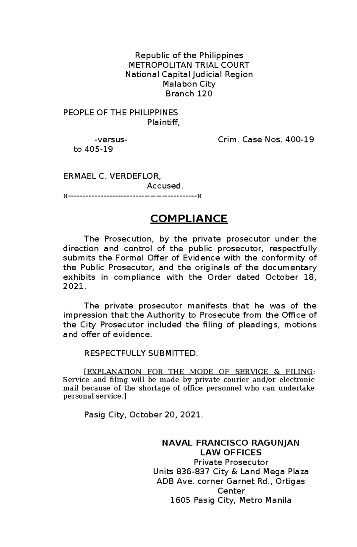 Formal Offer of Evidence Sample - Crim. Case Nos. 400-405 - Studocu