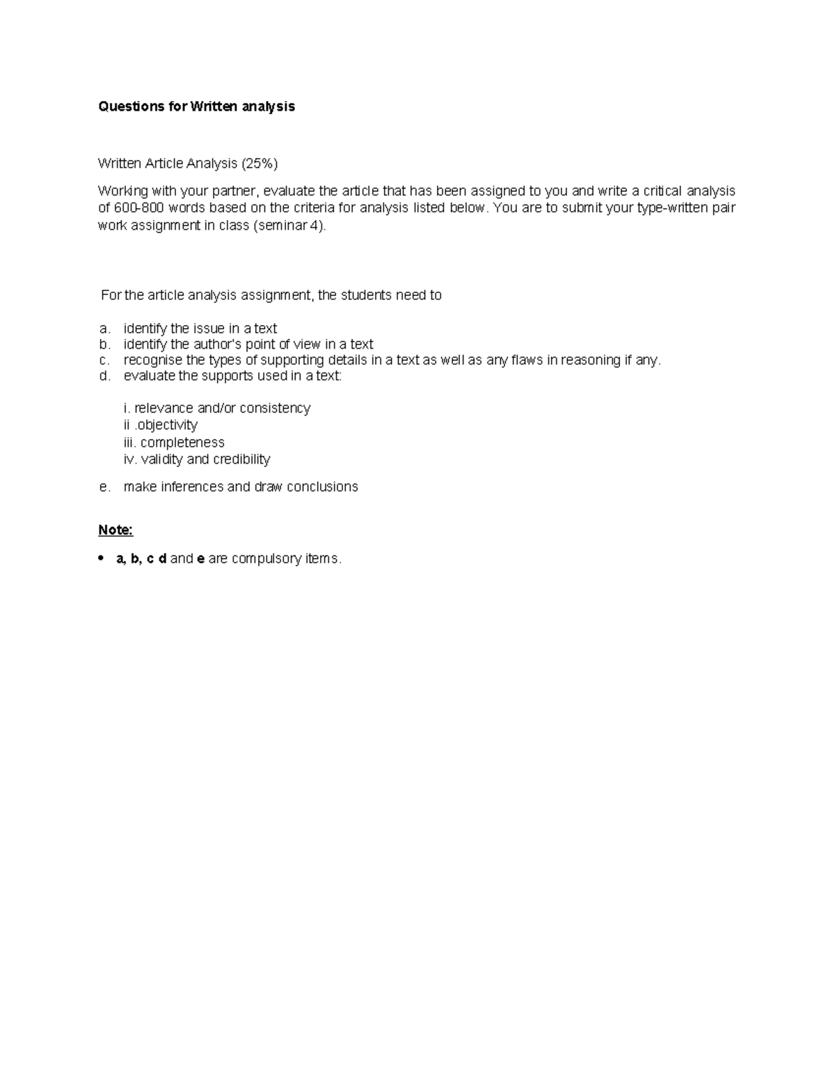 Questions for Written analysis - Questions for Written analysis Written ...