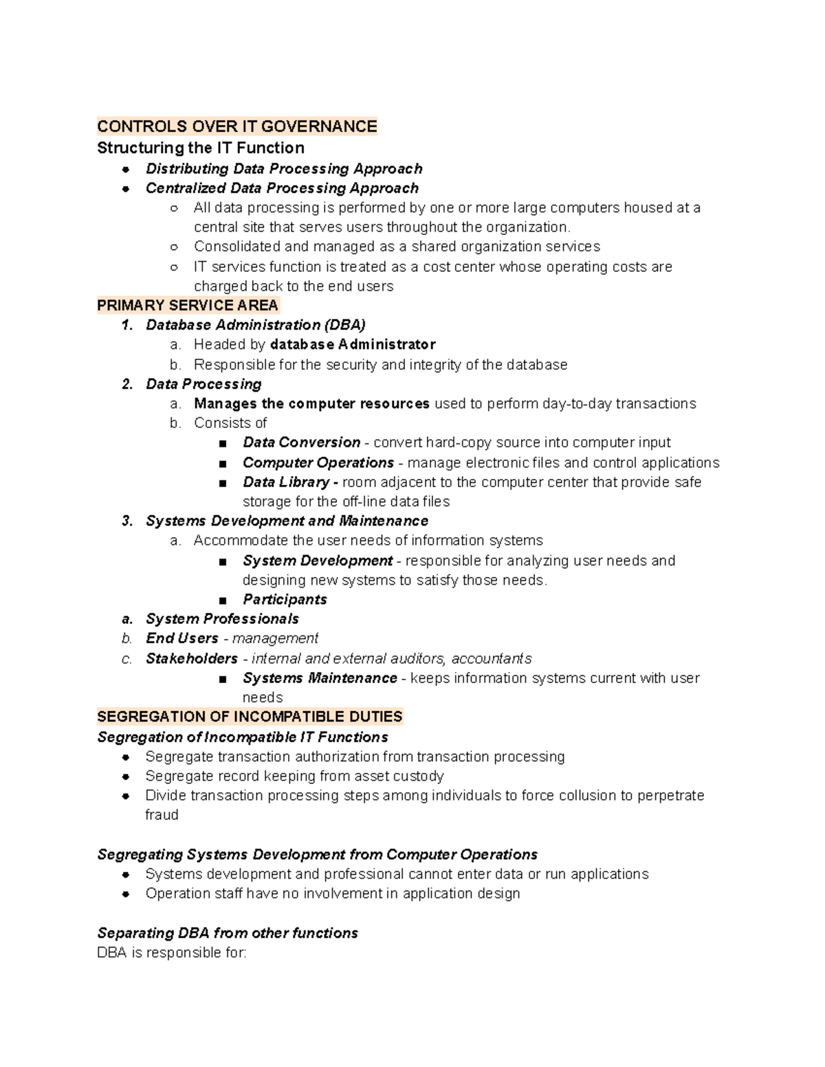 Audcis - Auditing in CIS Environment - CONTROLS OVER IT GOVERNANCE Structuring the IT Function ...