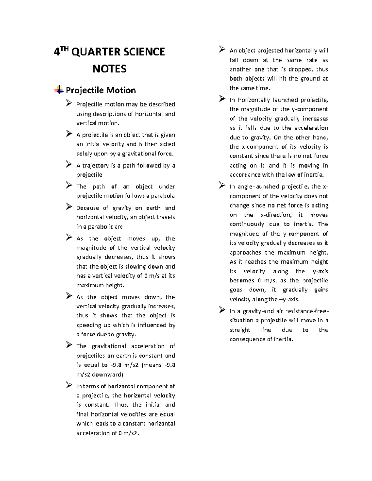 4TH QUARTER SCIENCE NOTES: Projectile Motion & Energy Concepts - Studocu