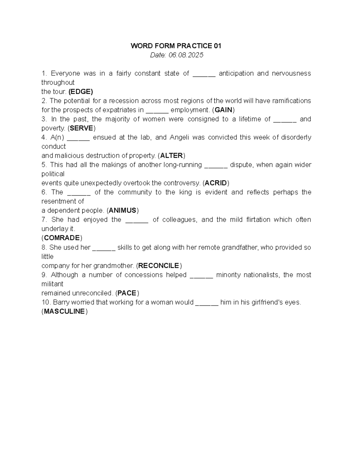 WORD FORM PRACTICE 01 & KEY (Hsgtp) - Studocu