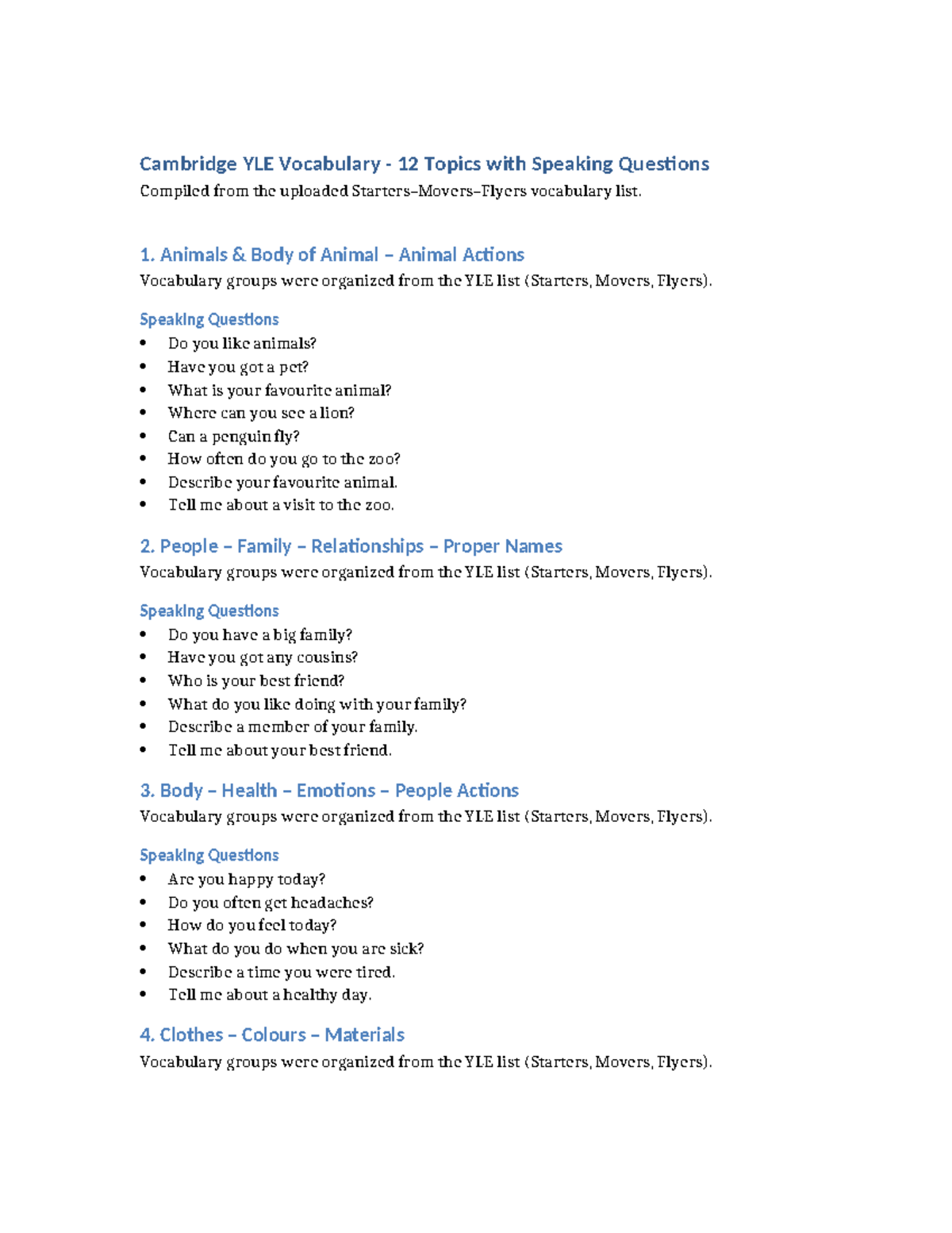Cambridge YLE 12 Topics: Speaking Questions & Vocabulary Guide - Studocu