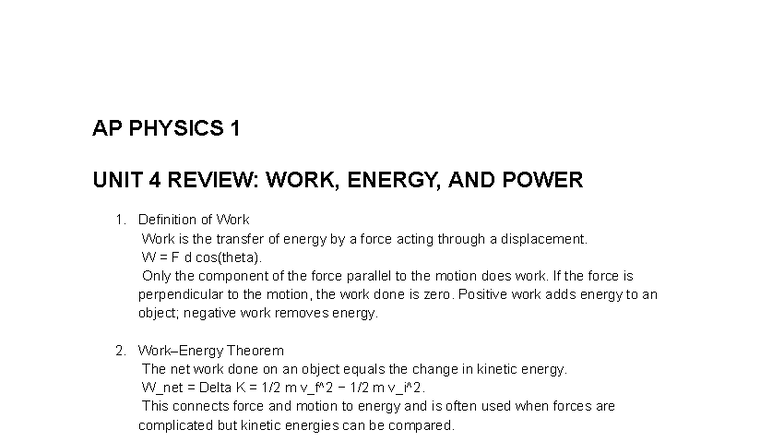 AP PHYSICS 1 UNIT 4 REVIEW: WORK, ENERGY, AND POWER - Studocu