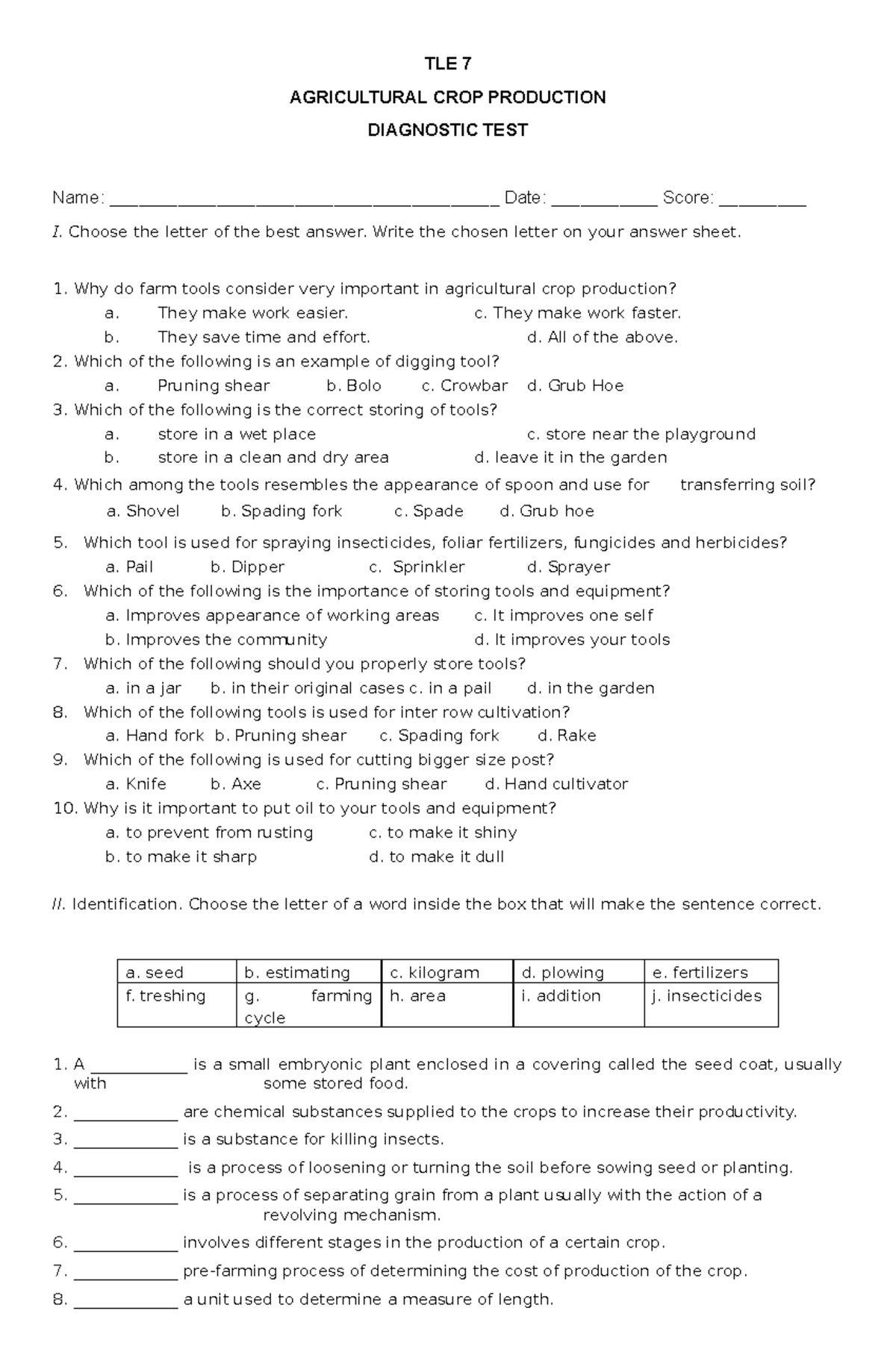 DT-TLE-Agri - Agricultural Crop Production Diagnostic Test - Studocu