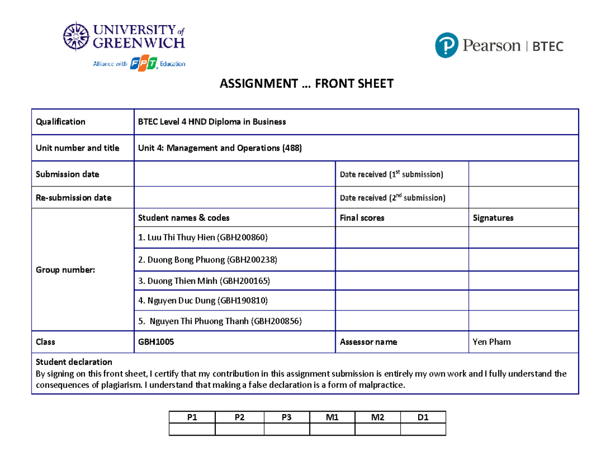 Unit4 488 Assignment-1-frontsheet-group - ASSIGNMENT ... FRONT SHEET Qualification BTEC Level 4 ...