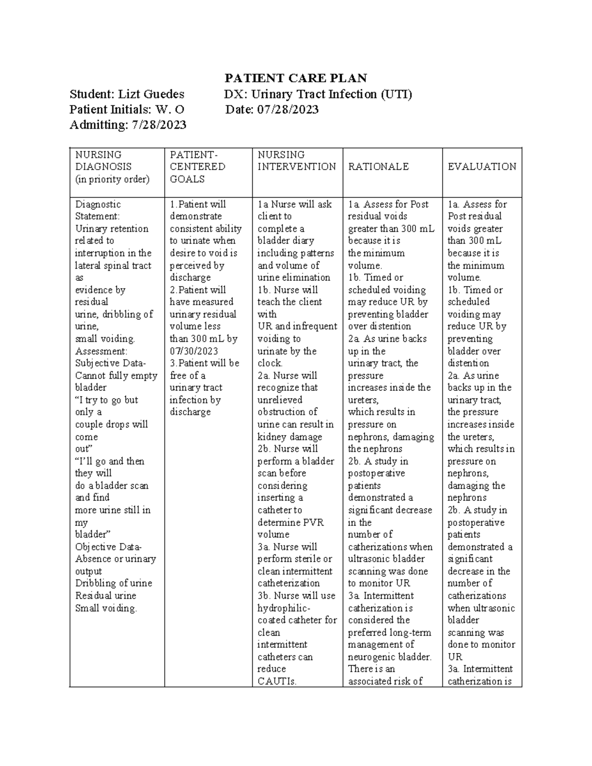 Nursing Plan of Care - PATIENT CARE PLAN Student: Lizt Guedes DX ...