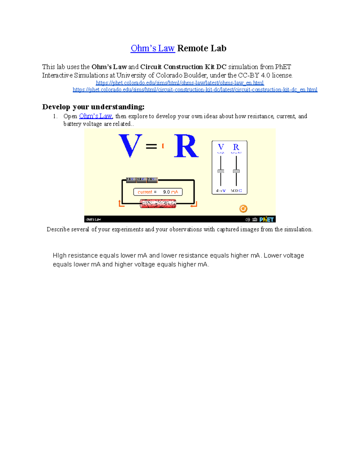 Ohm's Law Online Lab - Understanding Resistance and Current ...
