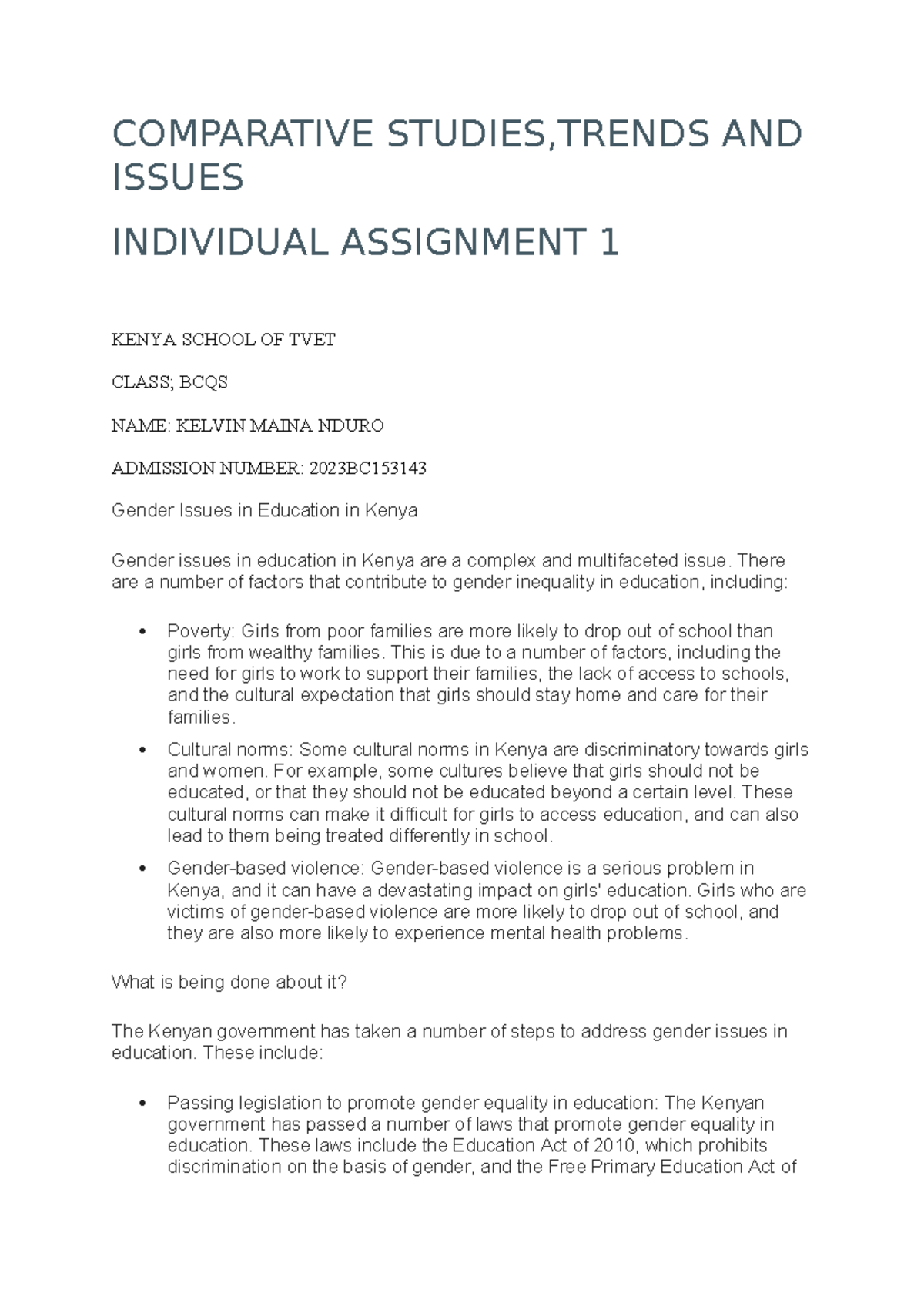 Comparative Study on Gender Issues in Education in Kenya - BCQS - Studocu