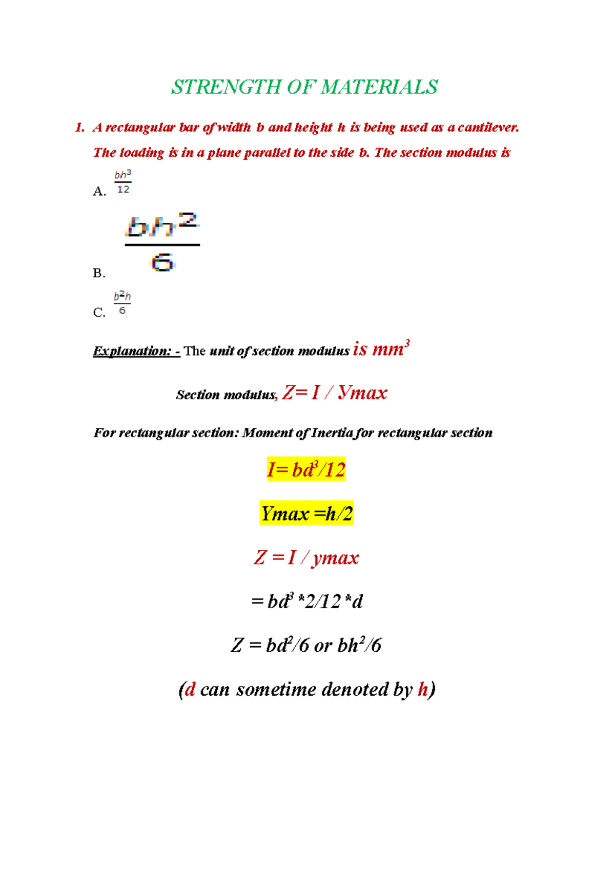 Strength of Materials 1 - Key Concepts and Formulas - Studocu