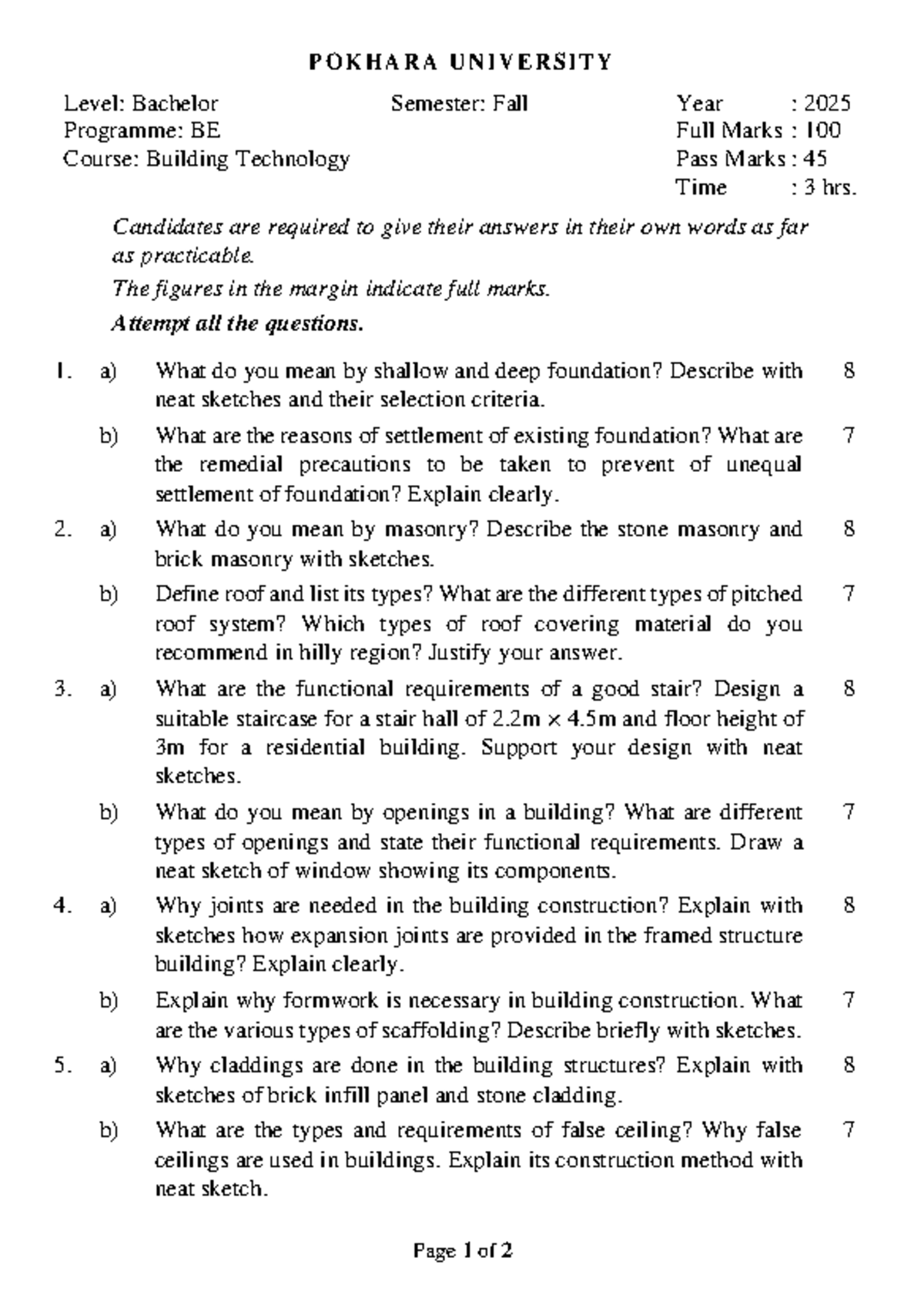 Building Technology BE - Fall 2025 Exam Questions & Guidelines - Studocu
