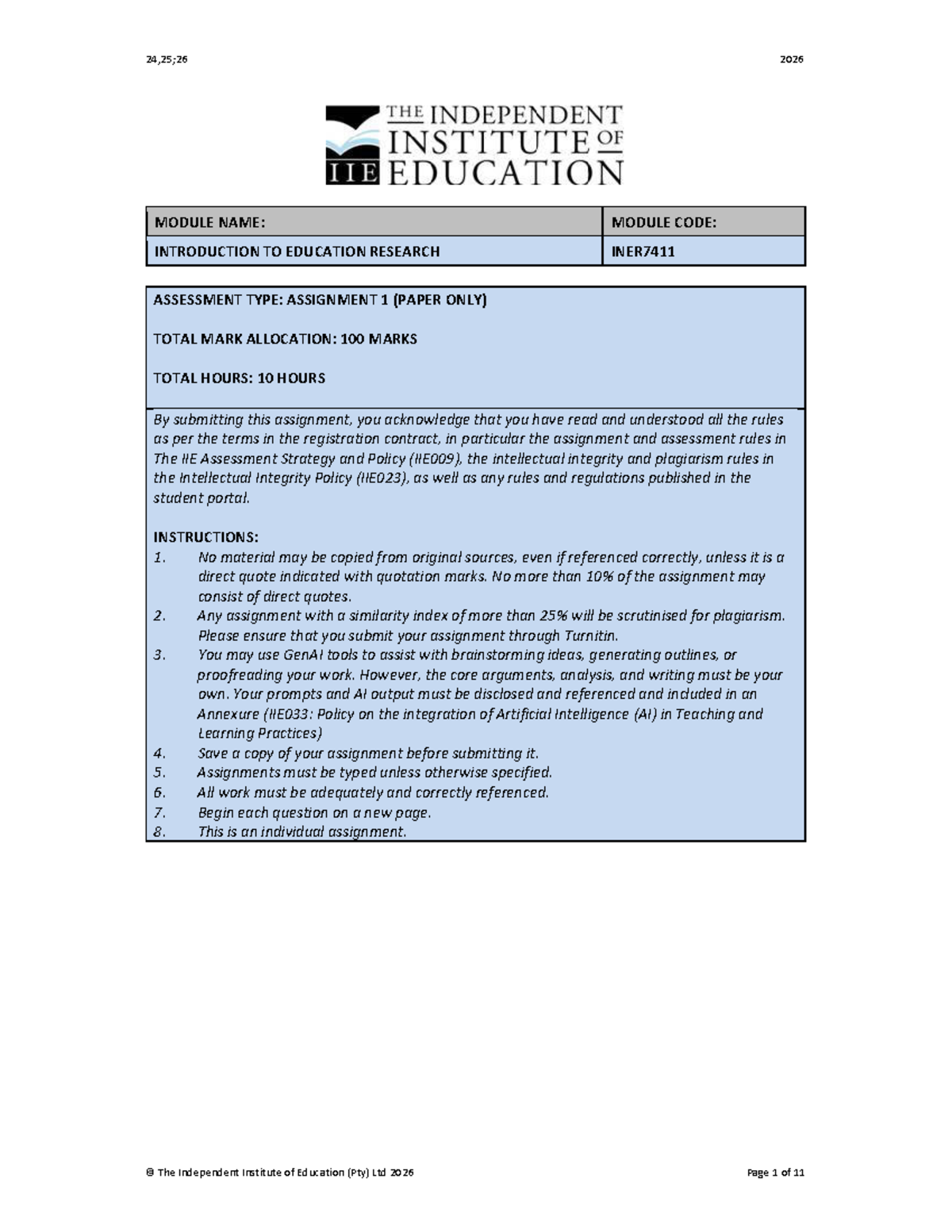 INER7411 Assignment 1: Introduction to Education Research Guidelines ...