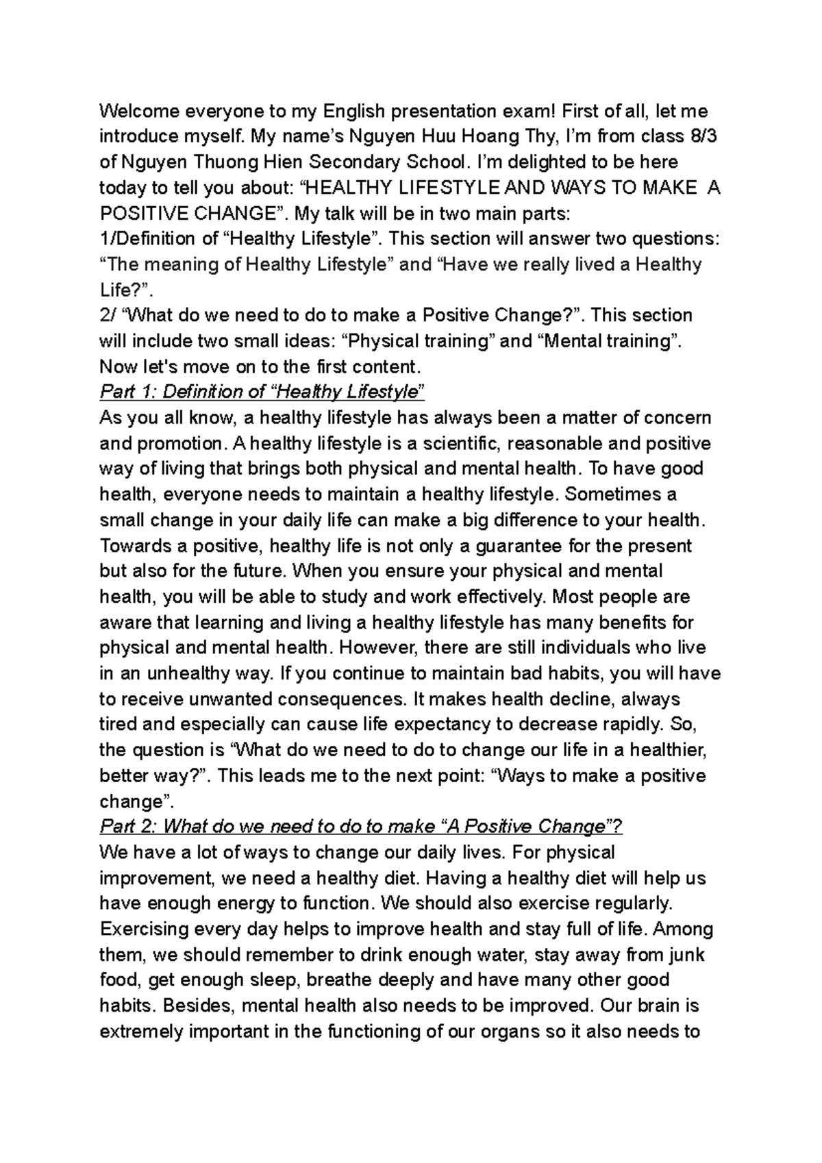 Healthy Lifestyle & Positive Change Strategies - Class 8 Presentation ...