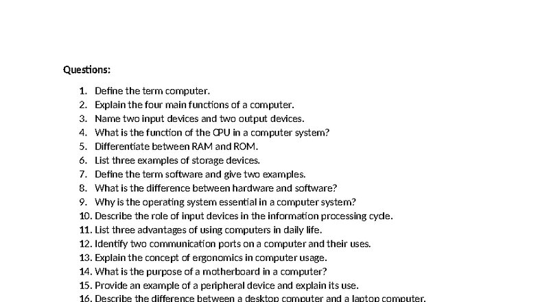Computer Fundamentals: 50 Essential Questions for Study - Studocu