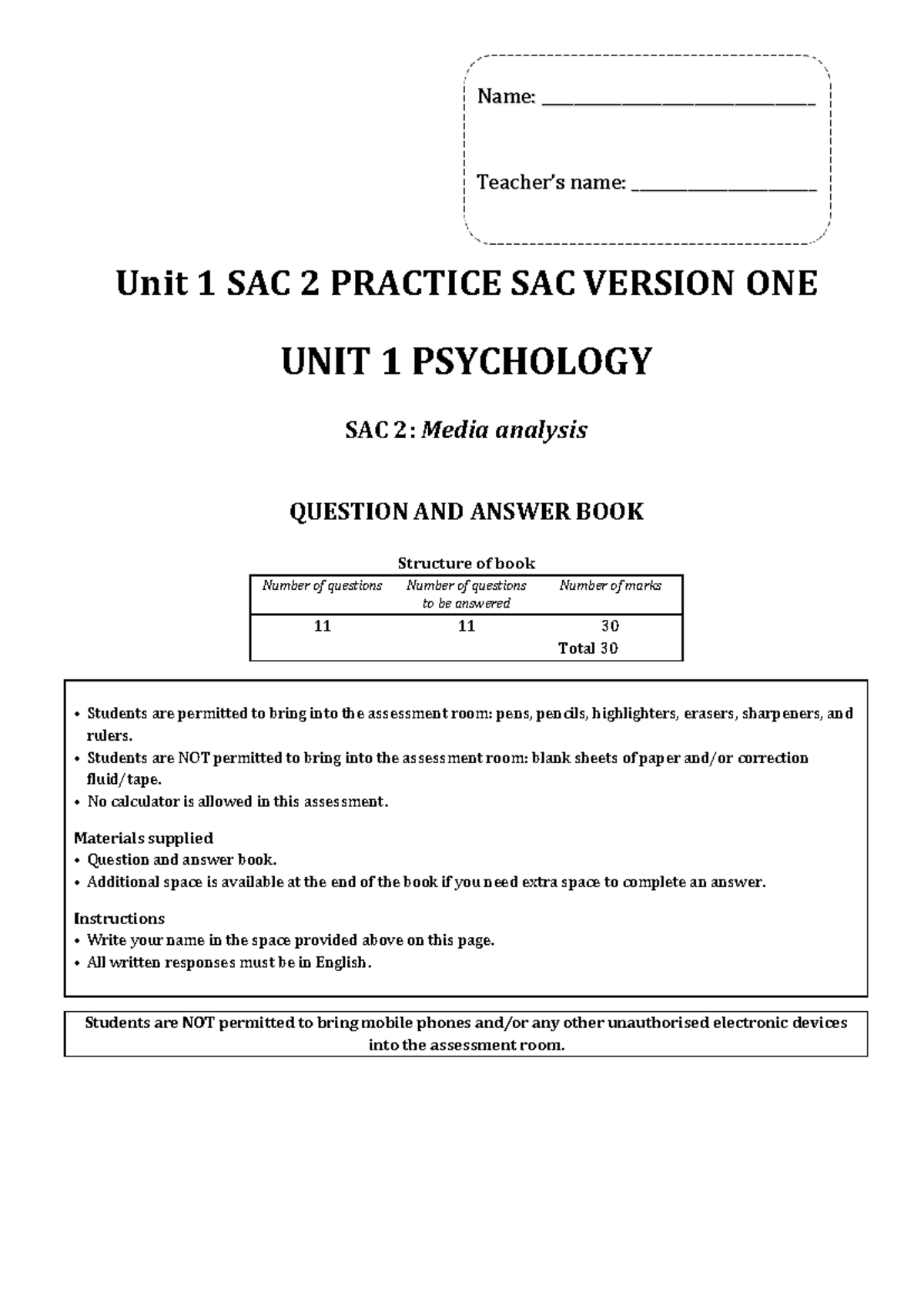 Unit 1 PSYCHOLOGY SAC 2: Media Analysis Practice Questions - Studocu